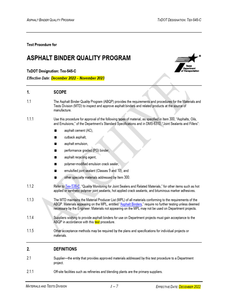Asphalt Binder Quality Program: 1. Scope | PDF