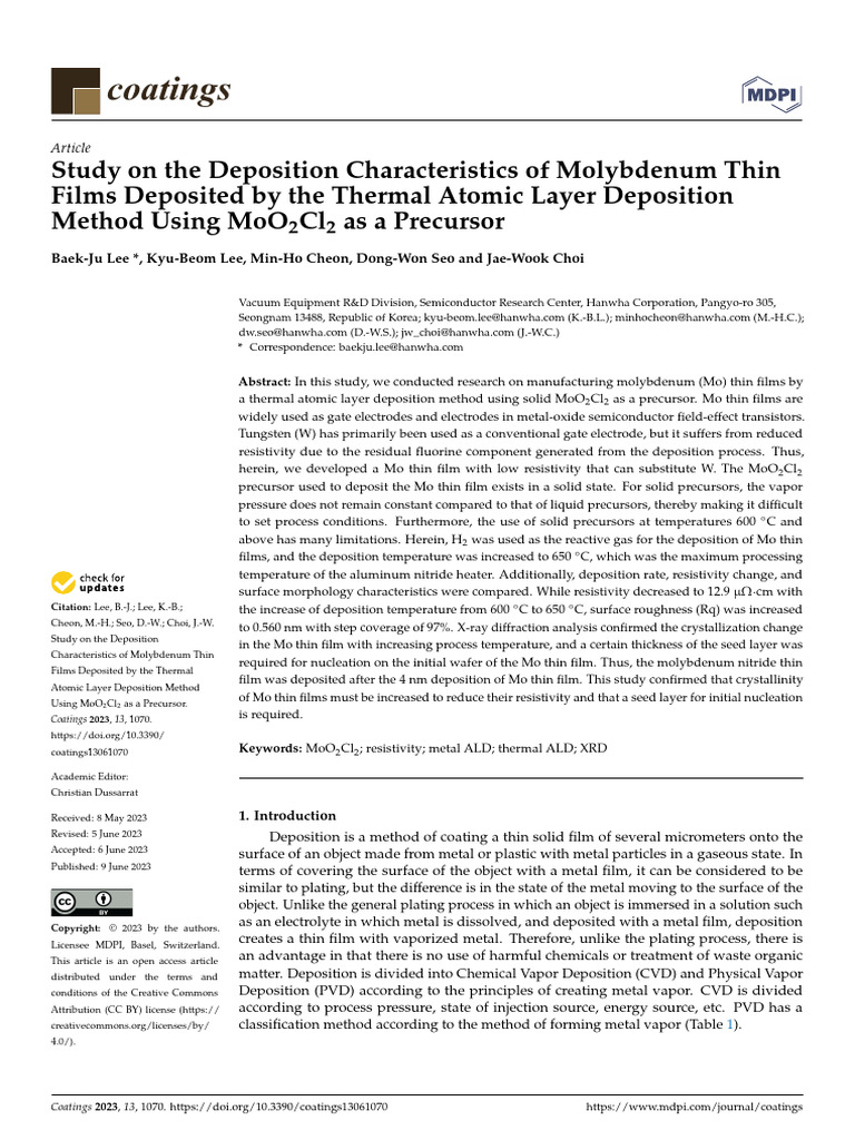 2023 Study on the Deposition Characteristics of Molybdenum Thin Films ...