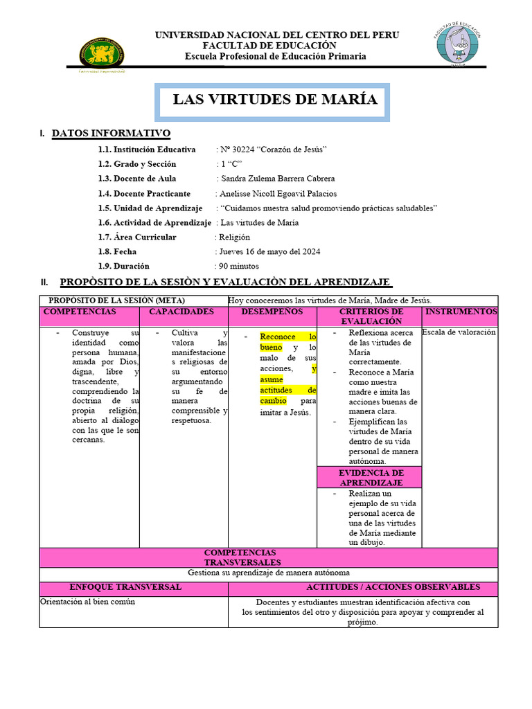 Sesión Religión - Las Virtudes de María | PDF | María, madre de Jesús | Evaluación