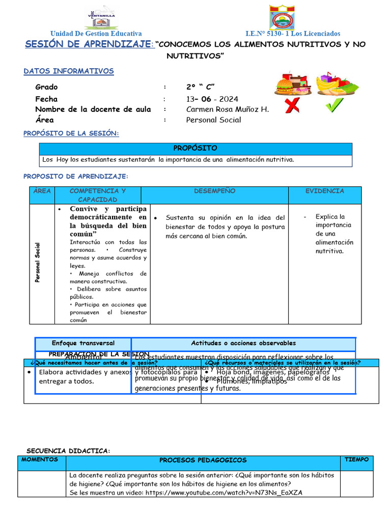 Conocemos Los Alimentos Nutritivos y No Nutritivos Sesión | PDF | Aprendizaje | Alimentos