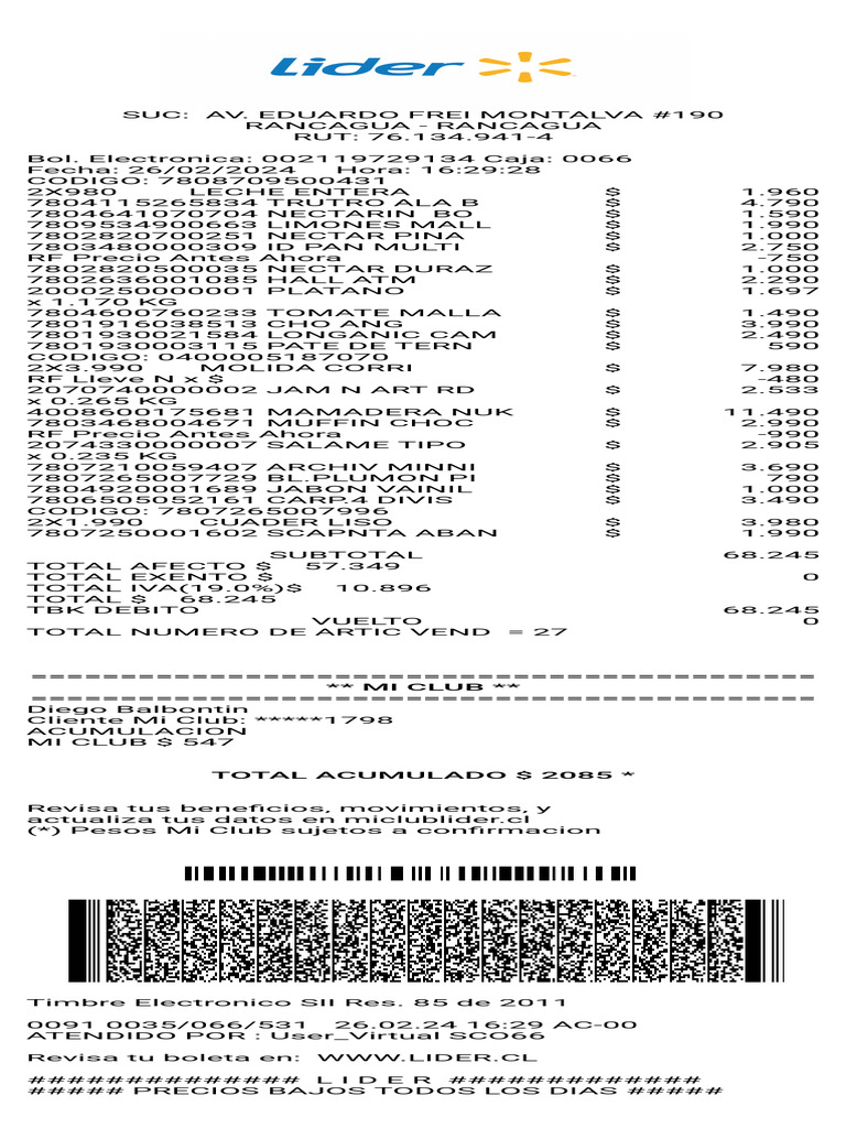 Boletas de Supermercado Líder 2024 | PDF | Industrias de servicio ...