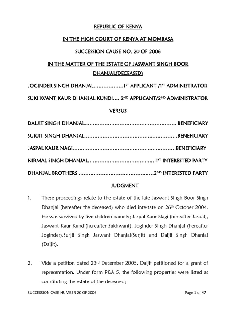 In Re Estate of Jaswant Singh Boor Dhanjal (Deceased) (Succession Cause 20 of 2006) (2024) KEHC ...