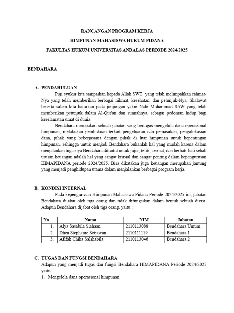 Rancangan Program Kerja Bendahara | PDF