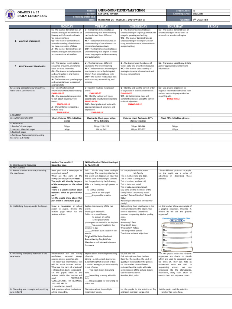 DLL - English 4 - Q3 - W5 | PDF | Learning | Noun