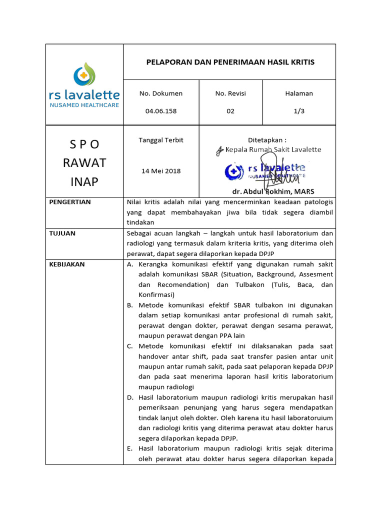 Prosedur Pelaporan Hasil Kritis Medis | PDF