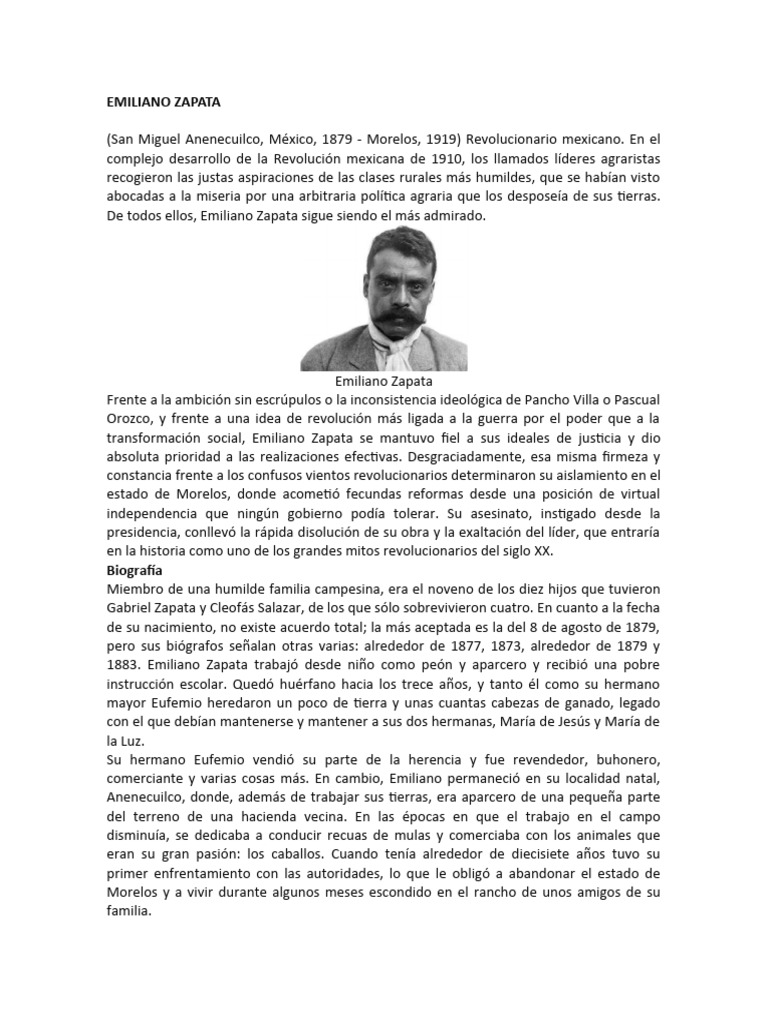 Aportaciones de Emiliano Zapata en la Revolución | PDF | revolución ...