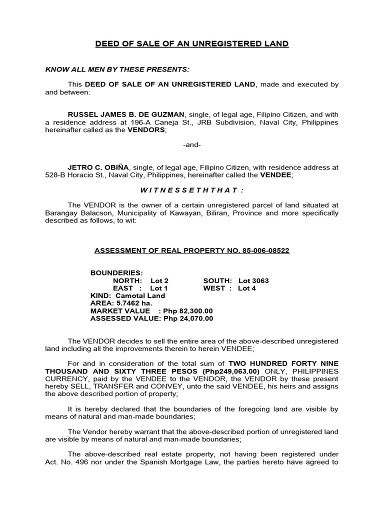 Deed of Sale of Unregistered Land | PDF | Deed | Common Law Deed of Sale of Unregistered Land | PDF | Deed | Common Law