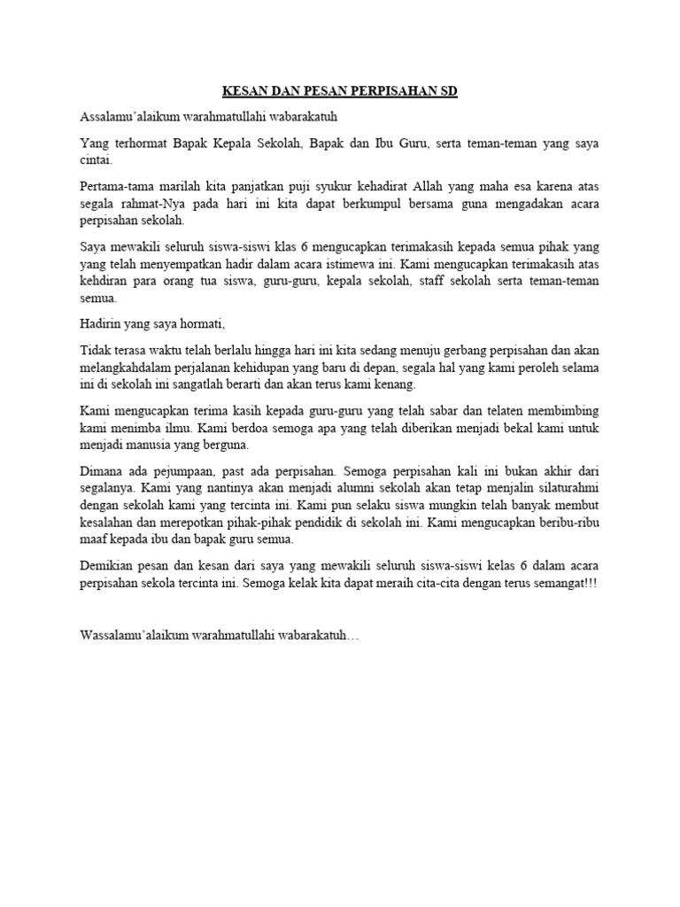 Kesan dan Pesan Perpisahan Kelas 6 SD | PDF