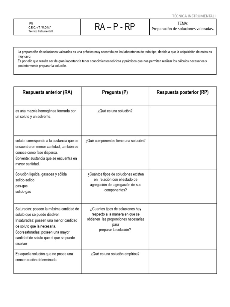 Respuesta Anterior (RA) Pregunta (P) Respuesta Posterior (RP) | PDF ...