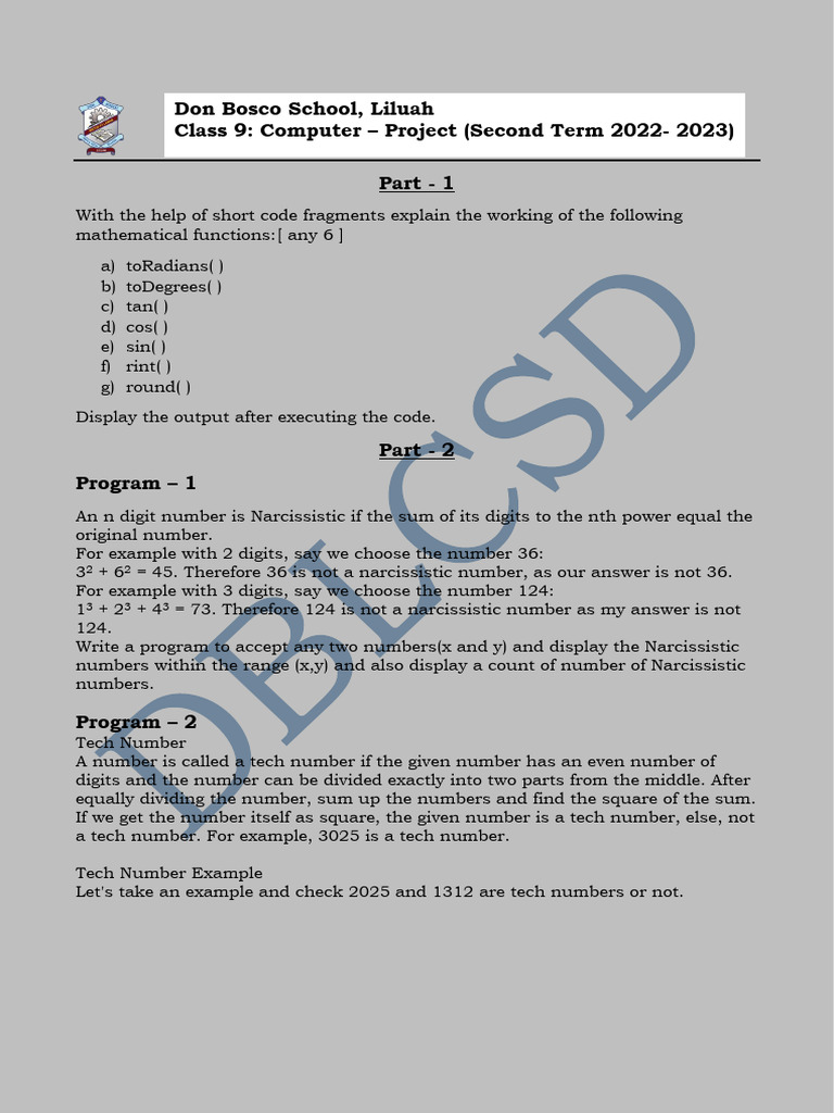 Computer Project Work - Class 9 2nd Term 2022 - 23 | PDF | Area | Numbers