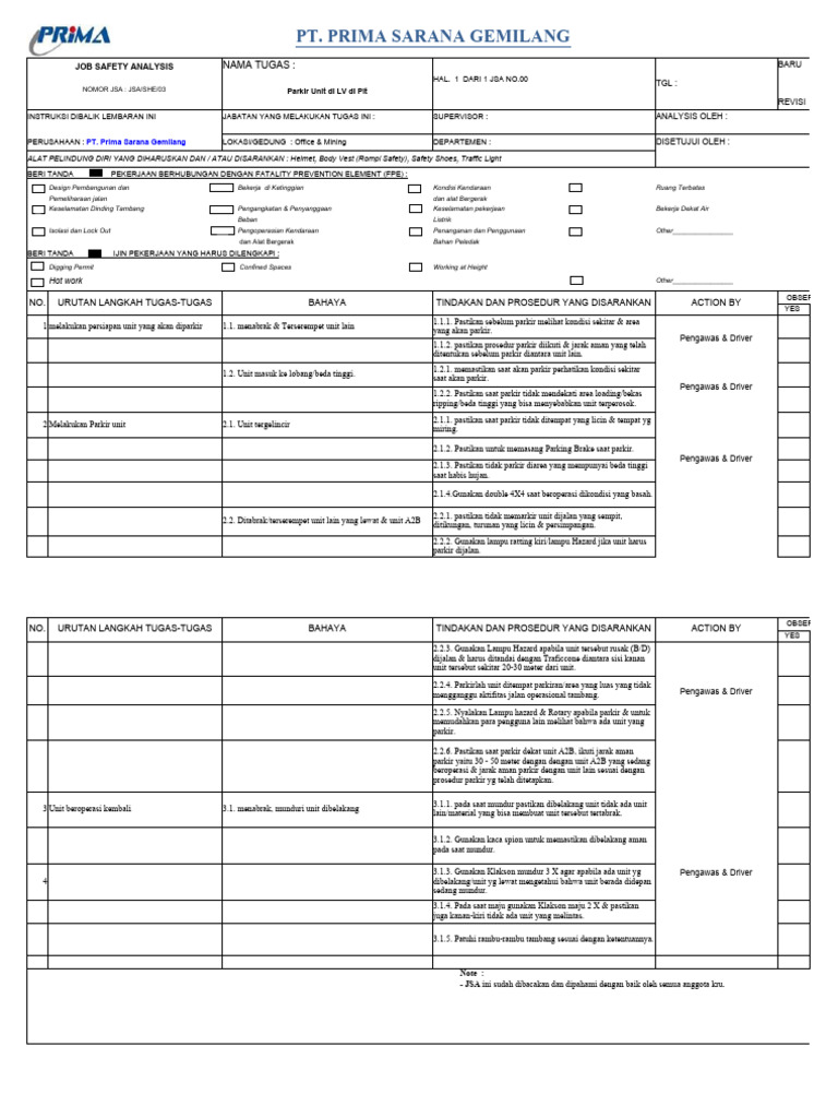 JSA - SHE - 03 - Parkir Unit LV Di Pit | PDF