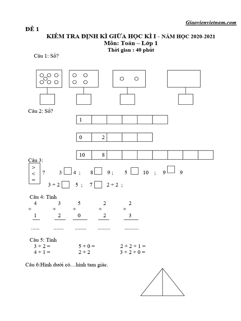 De Kiem Tra Giua Ky Mon Toan Lop 1 | PDF