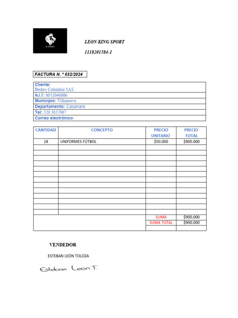 Factura de Uniformes para Berkes Colombia | PDF