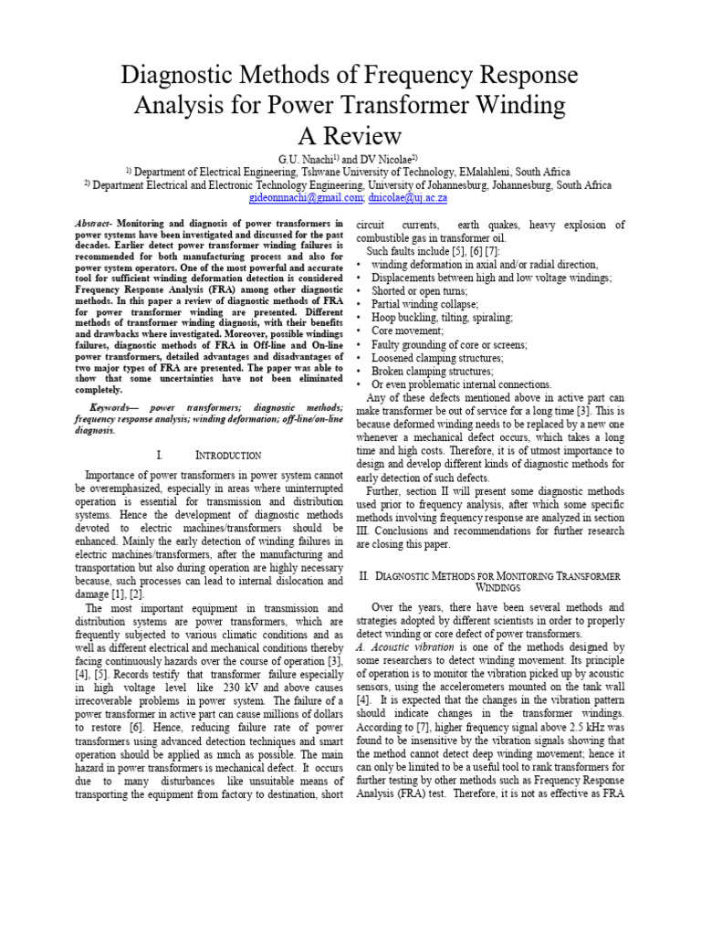 Diagnostic Methods of Frequency Response Analysis For Power Transformer Winding A Review | PDF ...