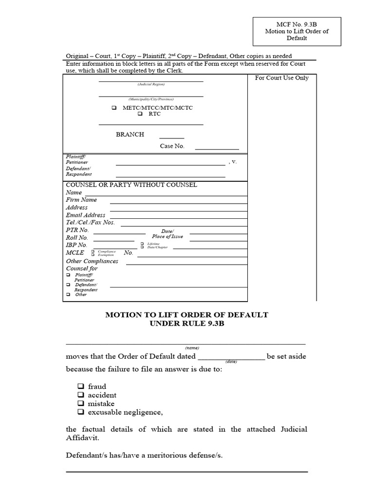 MCF 9.3B Motion To Lift Order of Default | PDF | Default Judgment ...
