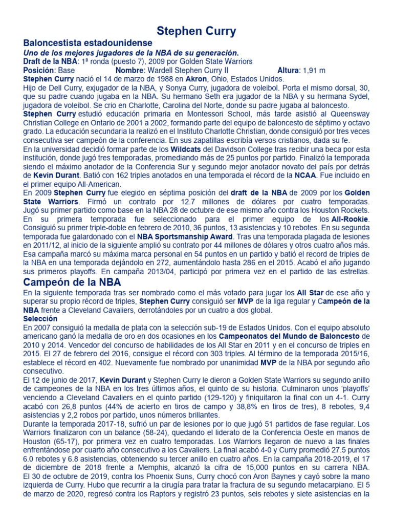 Biografia Stephen Curry | PDF | Asociacion Nacional de Basquetbol ...
