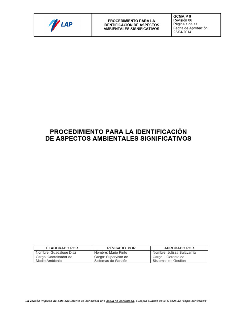 180-Gcma-P-9 Procedimiento para La Identificacion de Aspectos Ambientales Significativos | PDF ...