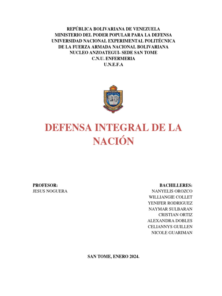 Trabajo Defensa Integral de La Nacion (UNEFA) | PDF | Nación | Venezuela