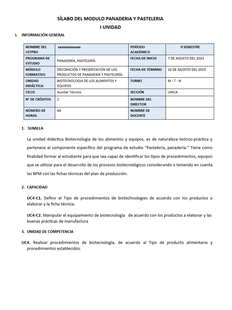 Silabus de Panaderia y Pasteleria Modulo Ii | PDF | Evaluación | Plan de estudios