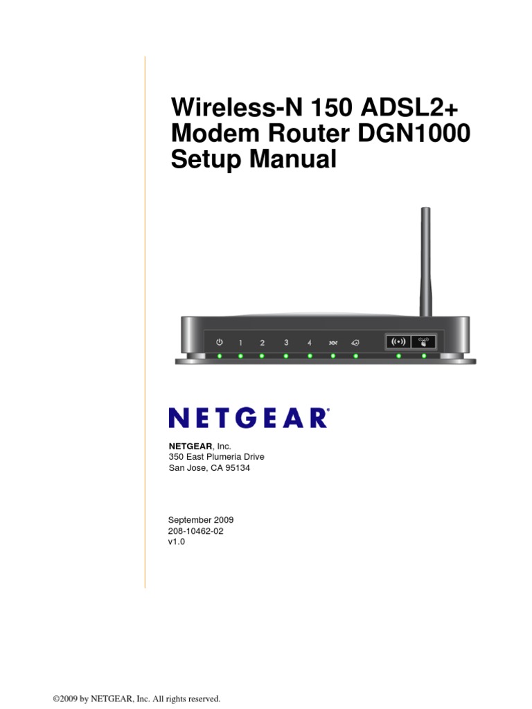 Wireless-N 150 ADSL2+ Modem Router DGN1000 Setup Manual: Netgear, Inc | PDF | Router (Computing ...