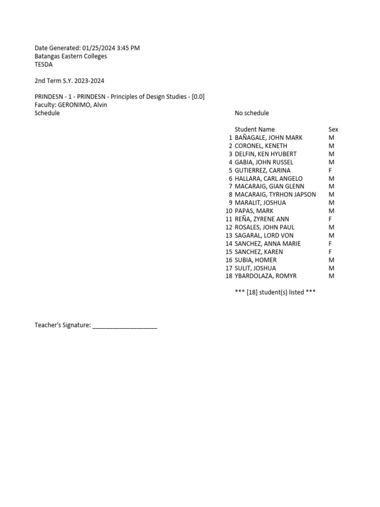 PRINDESN - 1 Class List Report For 2nd Term S.Y. 2023-2024 | PDF
