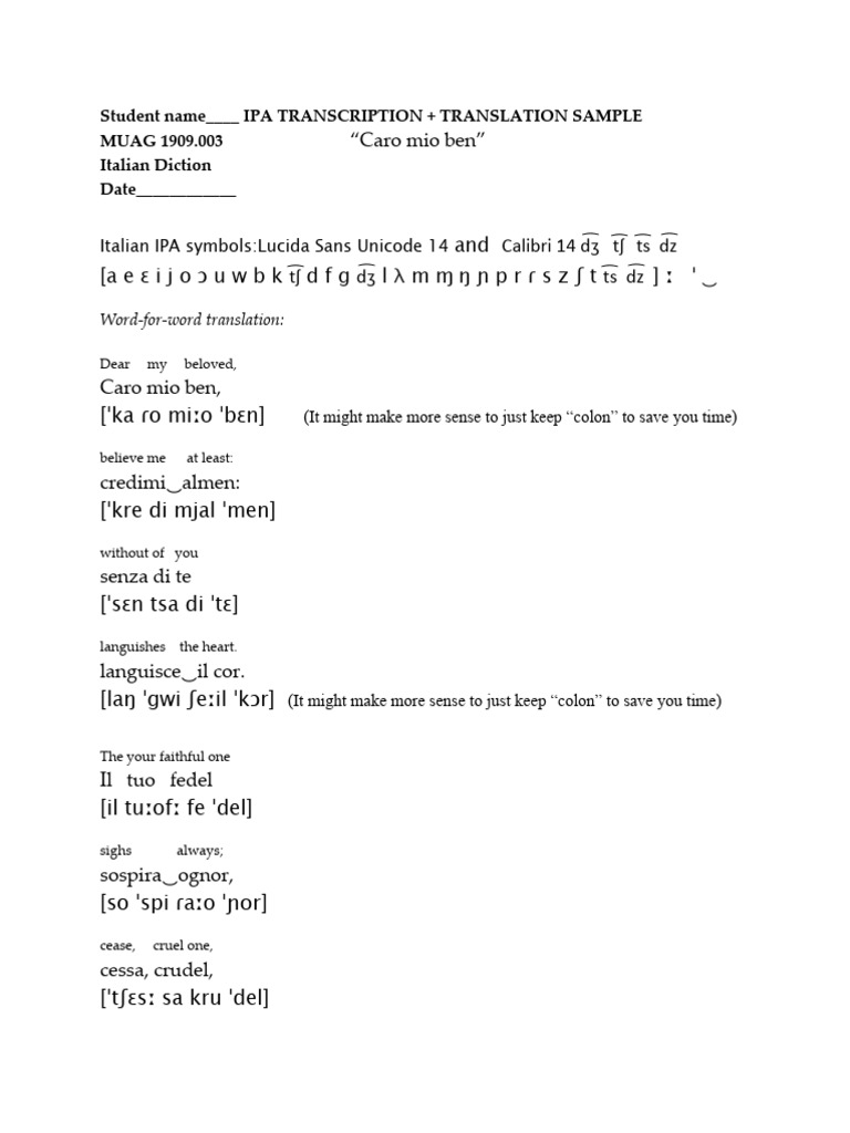 Caro Mio Ben: IPA and Translation Guide | PDF | Foreign Language Studies