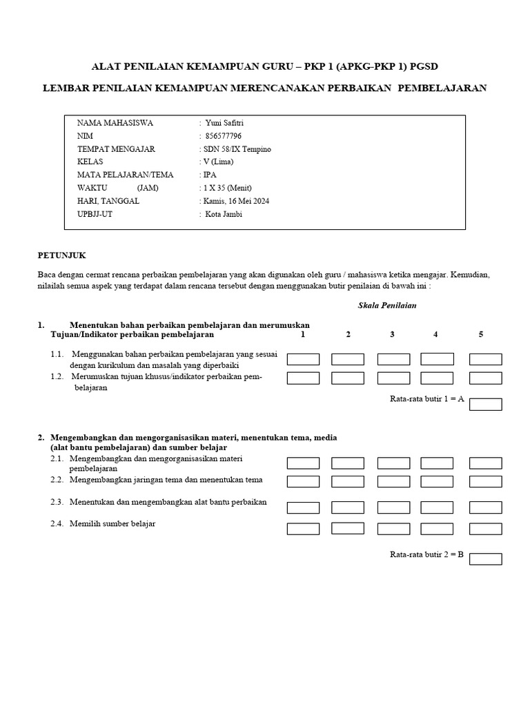 New Format Apkg PGSD Ut PKP 1 Dan 2 Untuk Siklus 2 | PDF
