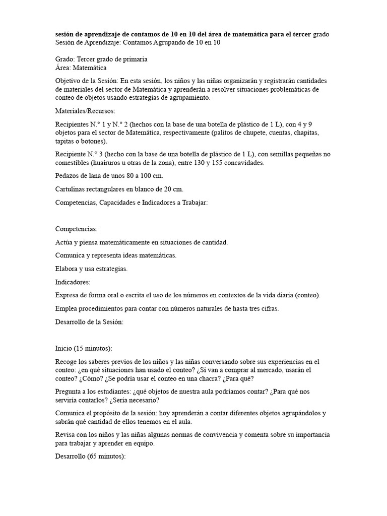 sesión de aprendizaje de contamos de 10 en 10 | PDF | Aprendizaje ...