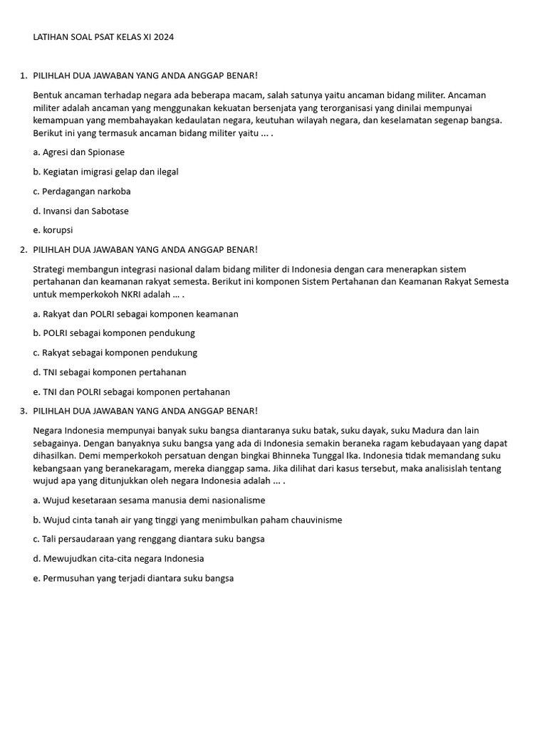 Latihan Soal Psat Kelas Xi 2024 | PDF | Politik | Ilmu Sosial