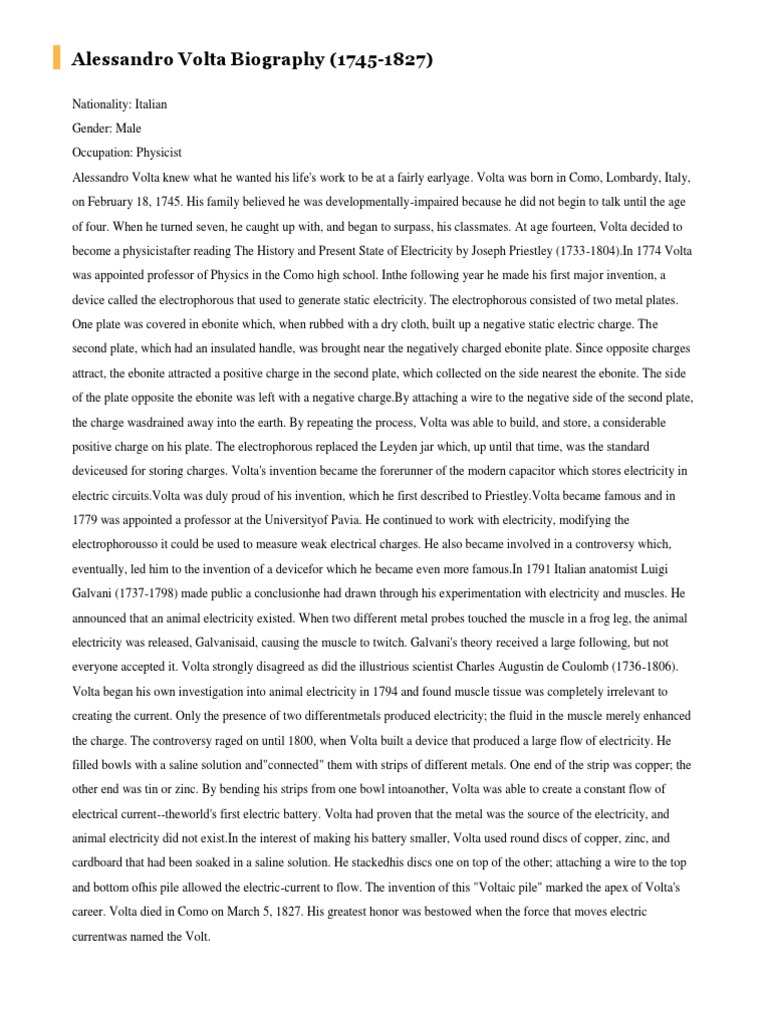 Alessandro Volta Biography | PDF | Electric Charge | Electricity