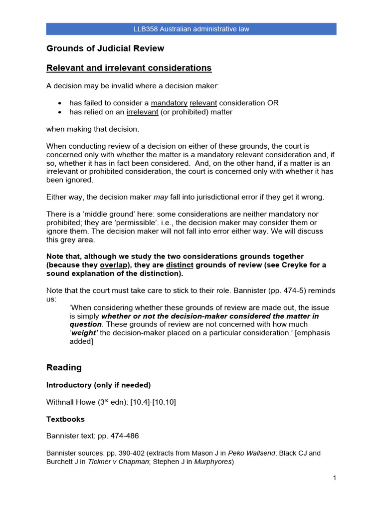 Learning Guide - Topic 6 - Relevant and Irrelevant Considerations ...