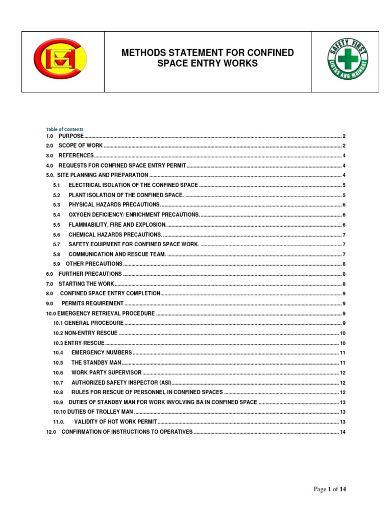Methods Statement For Confined Space Works | PDF | First Aid | Hazards