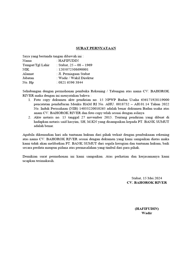 Surat Pernyataan CV Bahorok | PDF