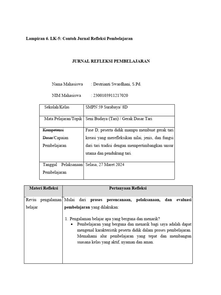 Lampiran 6. LK-5 Contoh Jurnal Refleksi Pembelajaran | PDF | Sains & Matematika