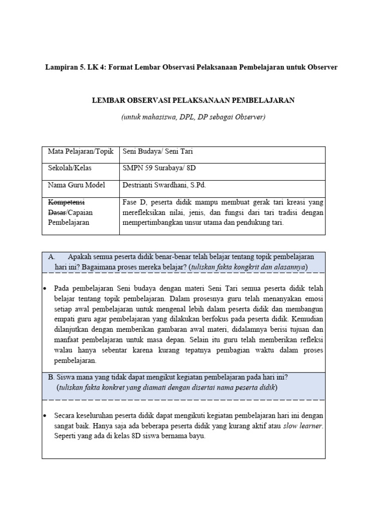 Lampiran 5. LK 4 Format Lembar Observasi Pelaksanaan Pembelajaran Untuk Observer | PDF