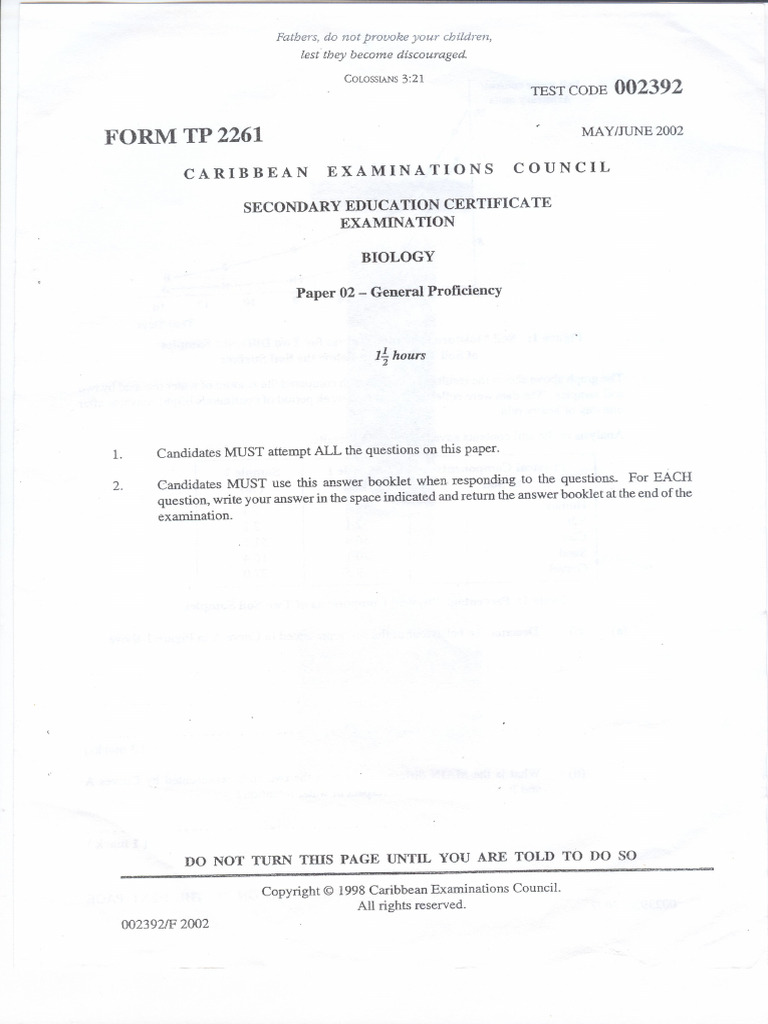CSEC Biology May 2002 Paper 2 | PDF