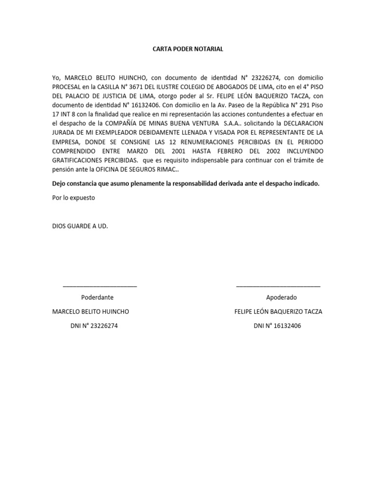Carta Poder Notarial | PDF | Derecho