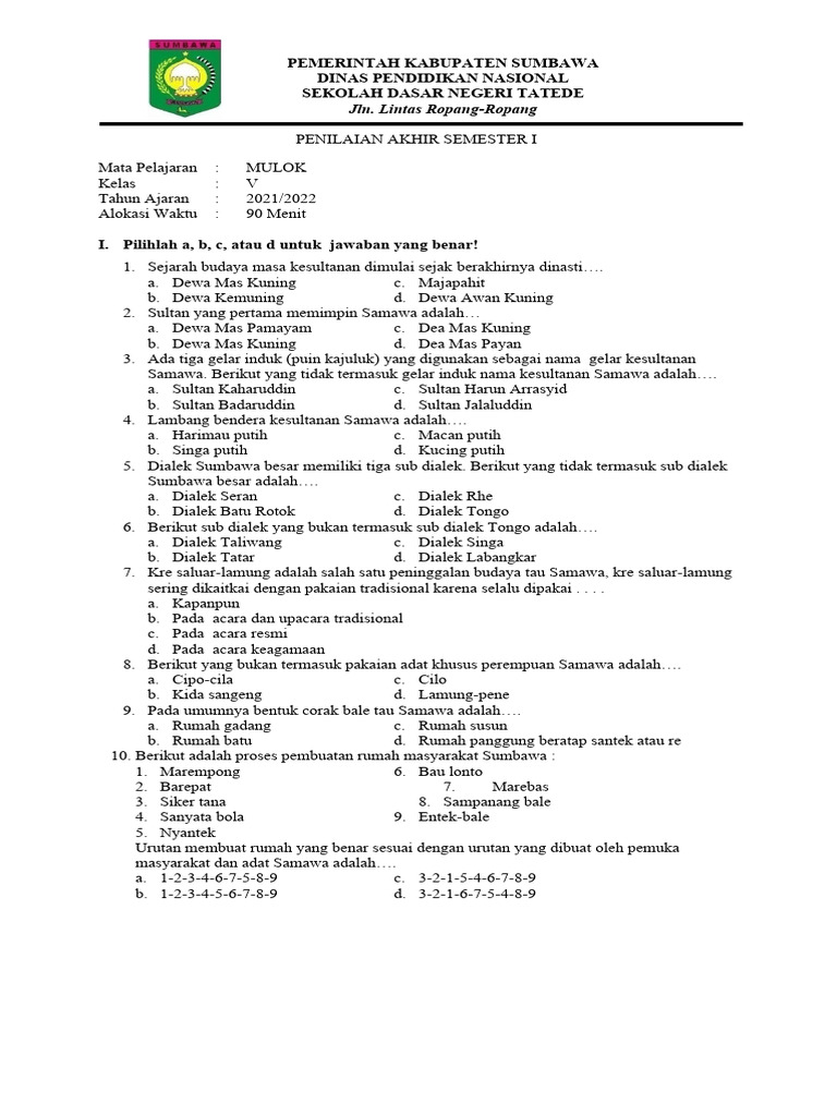 SOAL MULOK (Budaya Sumbawa) KELAS V | PDF