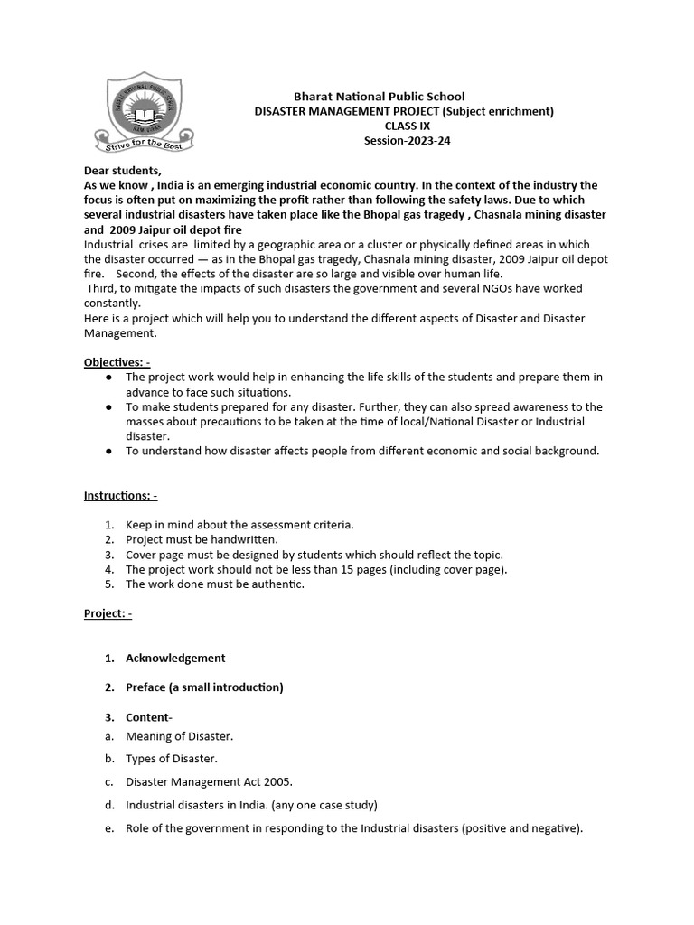 Class IX Disaster Management Project Guide | PDF | Emergency Management ...