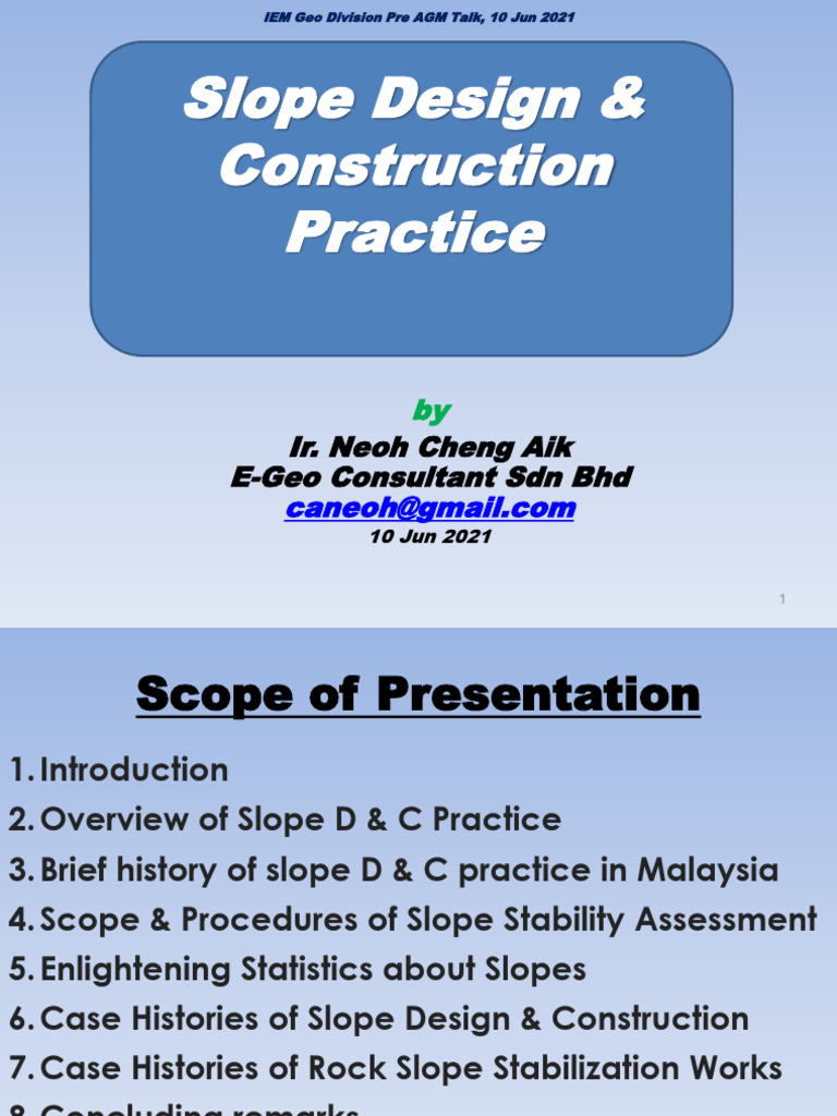 Slope Design & Construction Practice | PDF | Soil Mechanics | Landslide