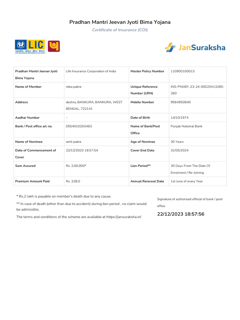 Pradhan Mantri Jeevan Jyoti Bima Yojana: Certificate of Insurance (COI ...