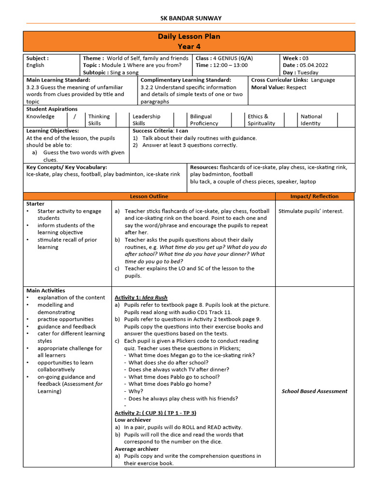 LP YEAR 4 | PDF | Reading Comprehension | Learning
