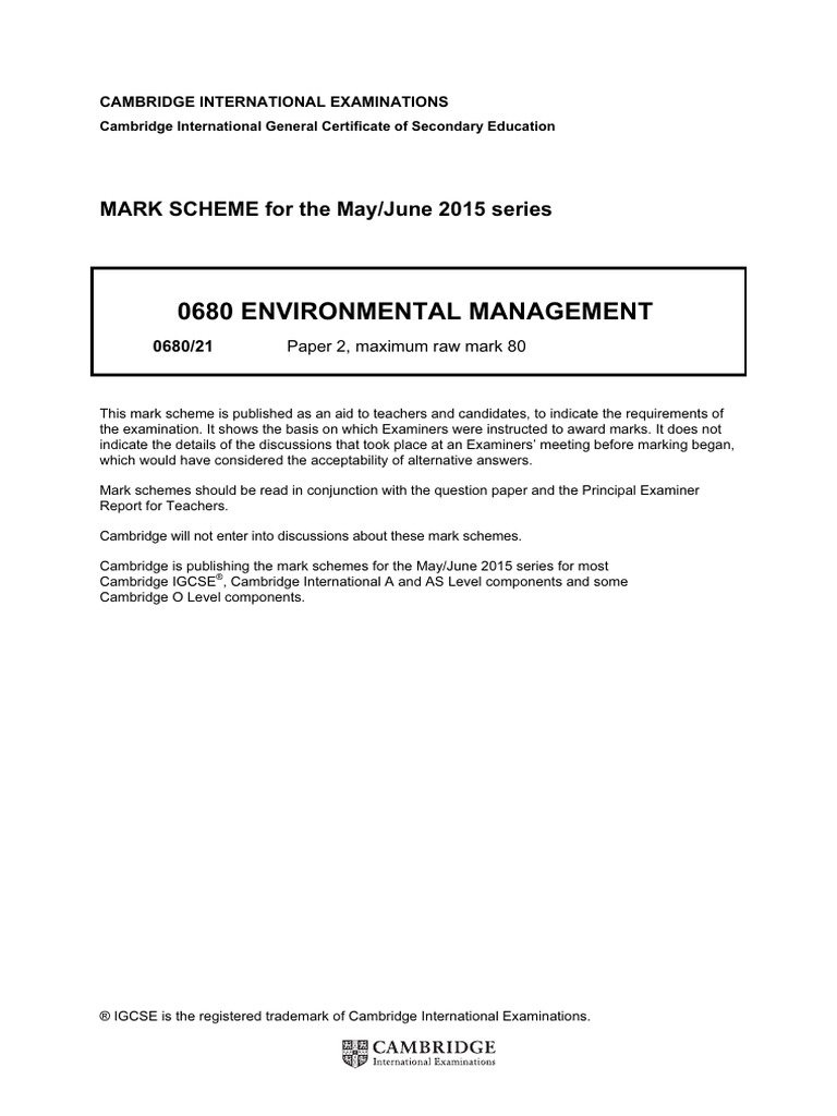 0680 Environmental Management: MARK SCHEME For The May/June 2015 Series ...