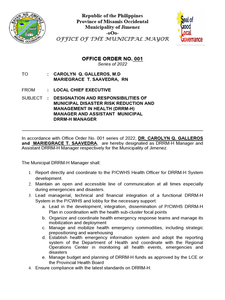 Office Order DRRMH Plan - JIMENEZ | PDF | Wash