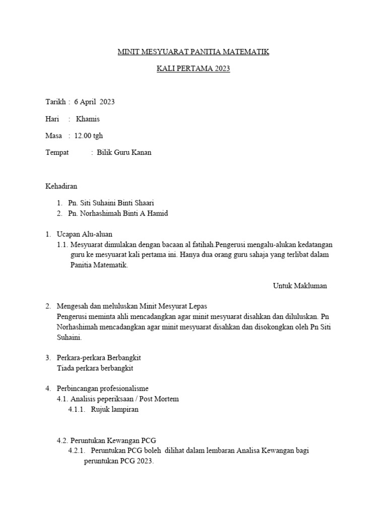 Minit Mesyuarat Panitia Geografi Pertama | PDF