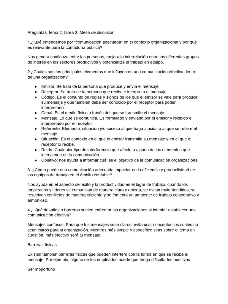 Preguntas en Clase Tema 2, Tarea 2: Mesa de Discusión | PDF | Comunicación | Contabilidad