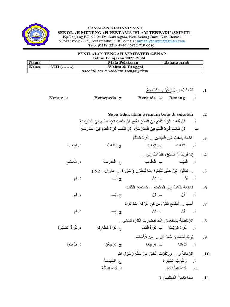 Soal PTS Bahasa Arab Kelas 8 2 Kop | PDF