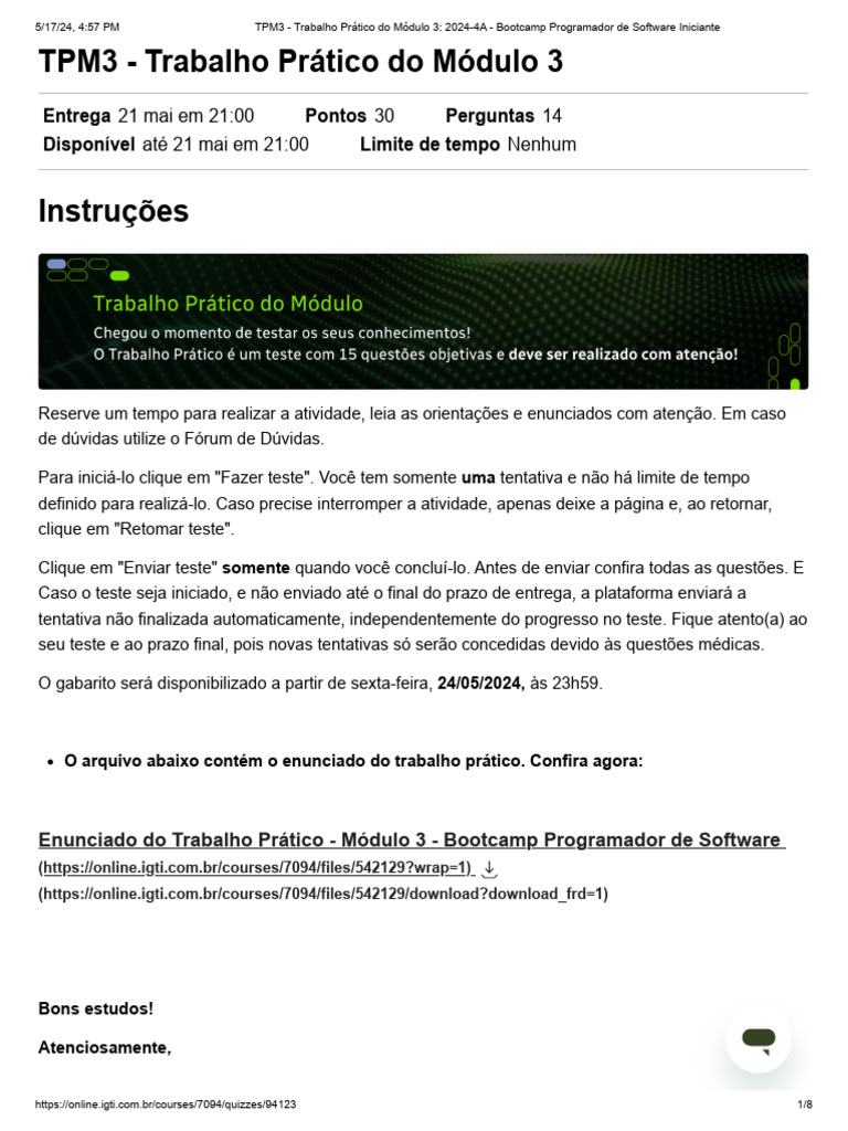 TPM3 - Trabalho Prático Do Módulo 3 - 2024-4A - Bootcamp Programador de Software Iniciante | PDF ...