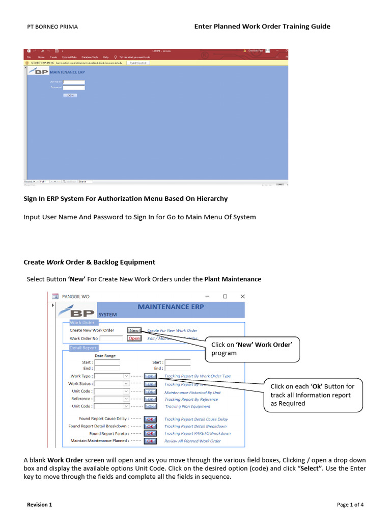 BP ERP Lokal System Enter Planned Work Order Training Guide | PDF ...