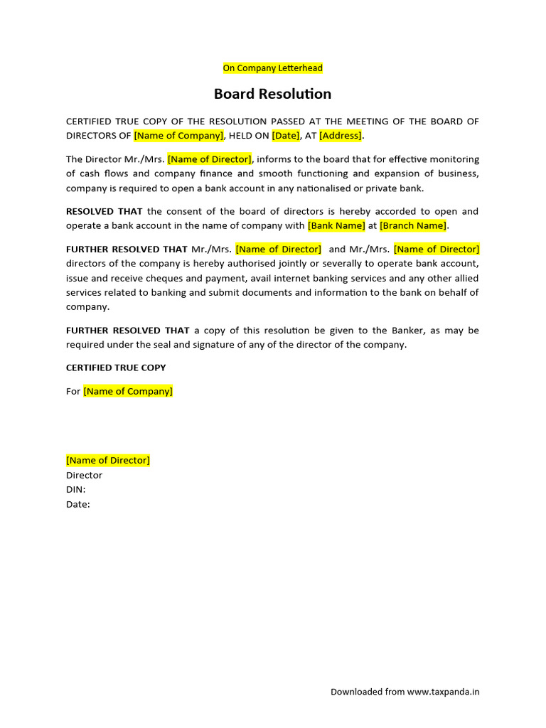 Board Resolution For Opening of Bank Account in Word Format | PDF ...